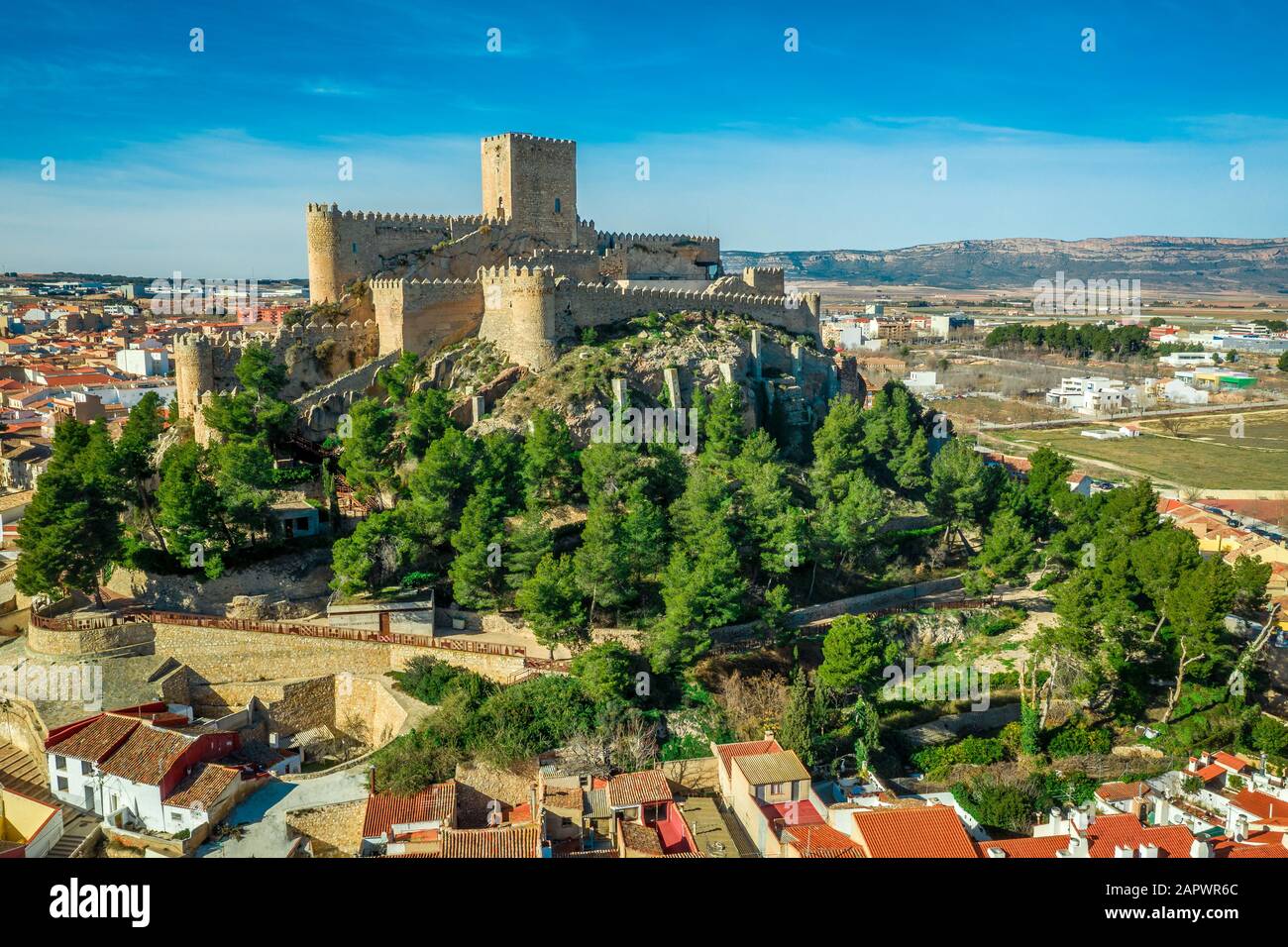 Aerial view of medieval Almansa castle with donjon and courtyard on a ...