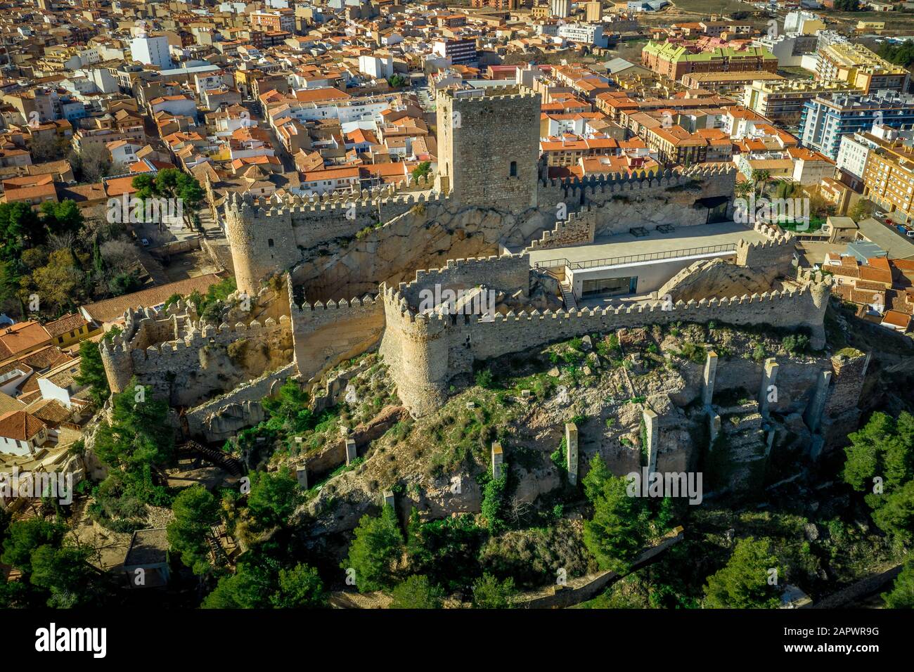 Aerial view of medieval Almansa castle with donjon and courtyard on a ...