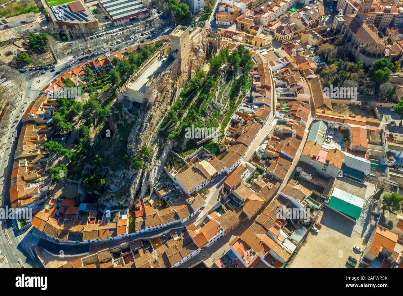 Aerial view of medieval Almansa castle with donjon and courtyard on a ...