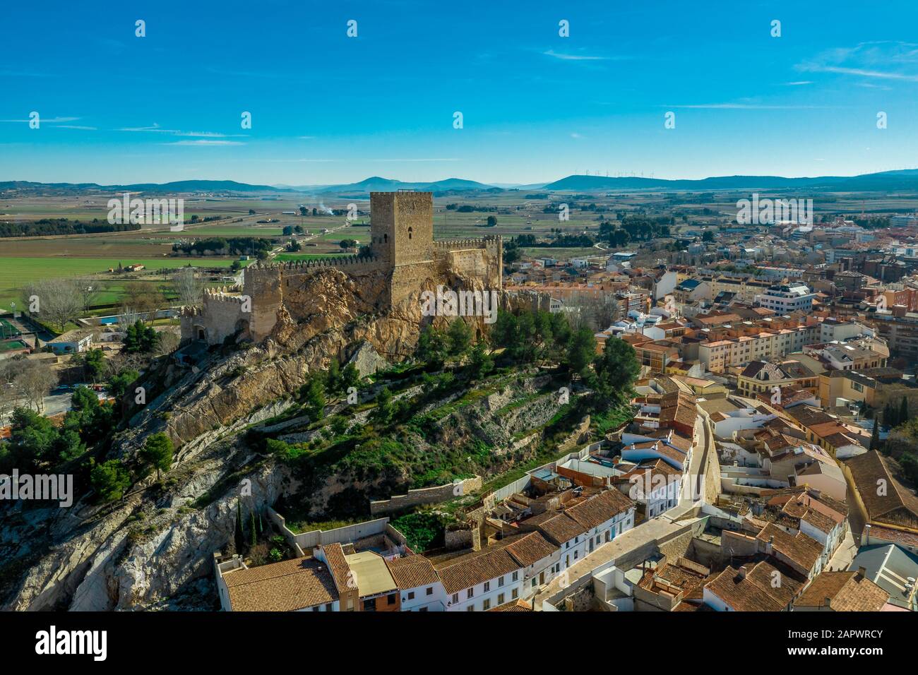 Aerial view of medieval Almansa castle with donjon and courtyard on a ...
