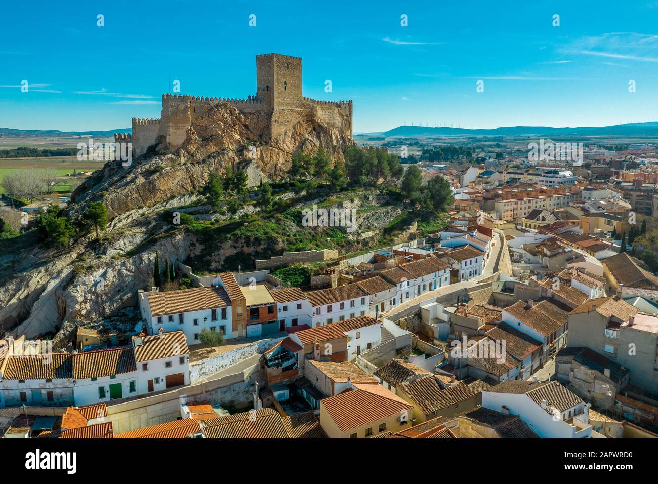 Aerial view of medieval Almansa castle with donjon and courtyard on a ...