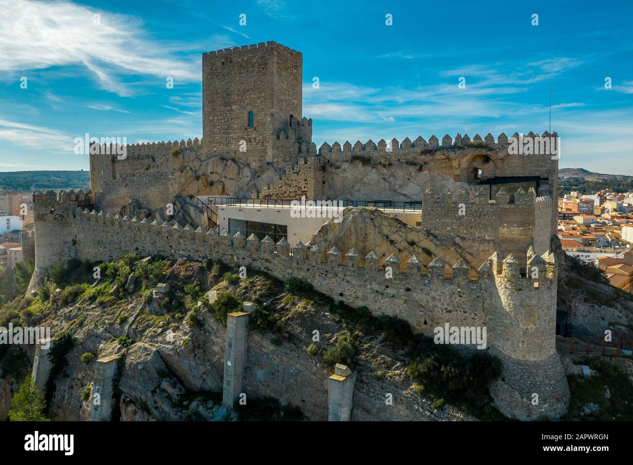 Aerial view of medieval Almansa castle with donjon and courtyard on a ...
