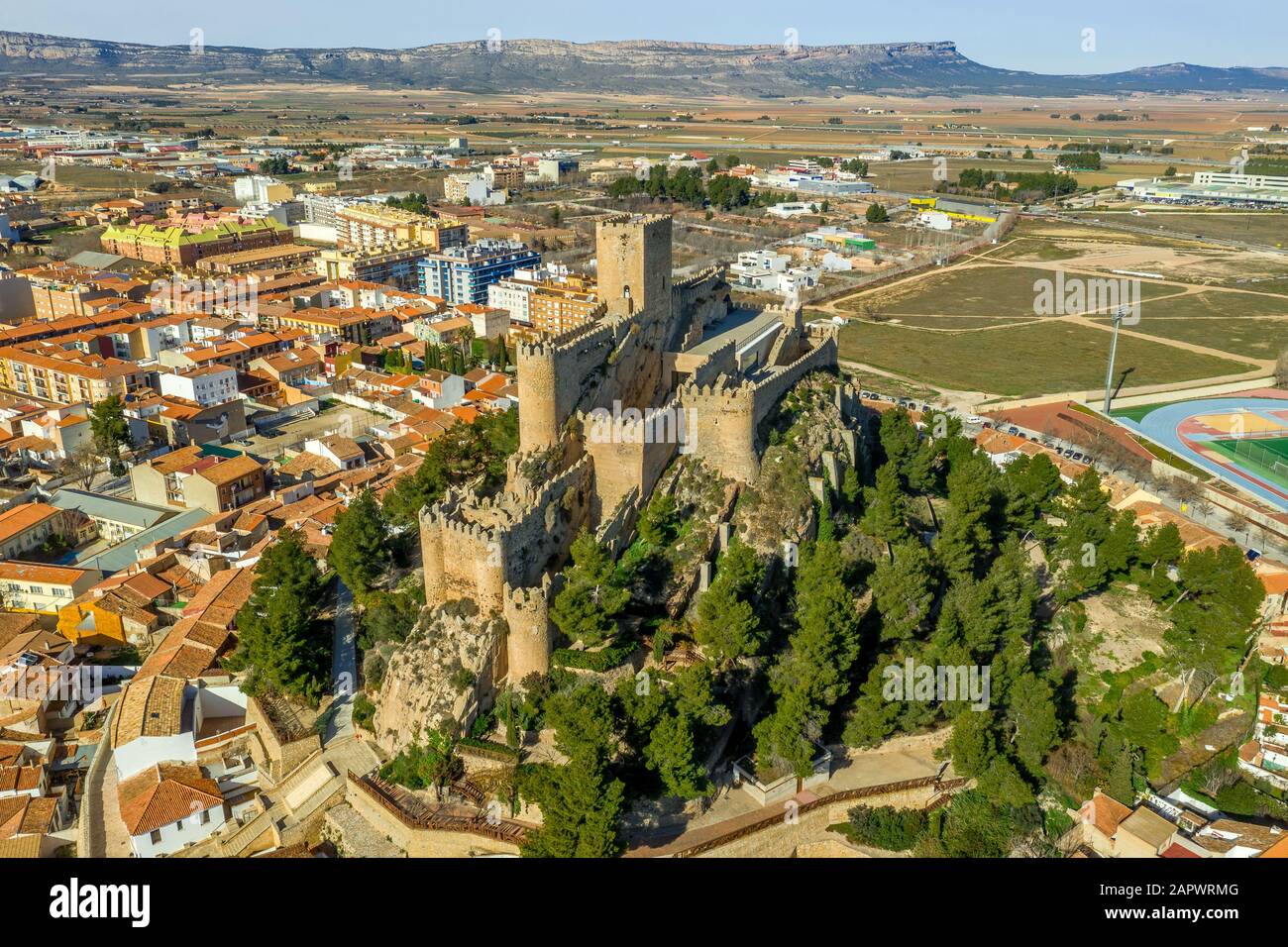Aerial view of medieval Almansa castle with donjon and courtyard on a ...