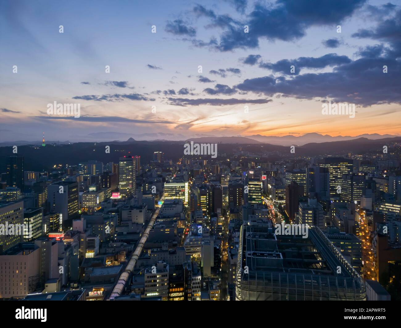Sendai, OCT 23: Sunset aerial view of the downtown cityscape on OCT 23 ...