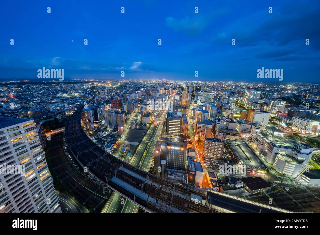 Sendai, OCT 23: Sunset aerial view of the downtown cityscape on OCT 23 ...