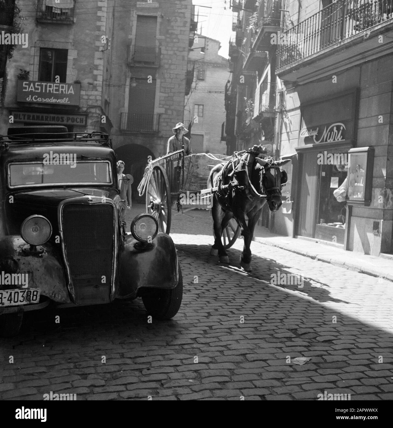 Old cars in Spain Oldtimer and horse cart Date: 1958 Location: Spain ...
