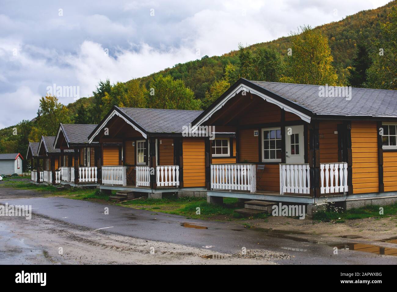 View of Classical Norwegian Camping site with traditional wooden red ...