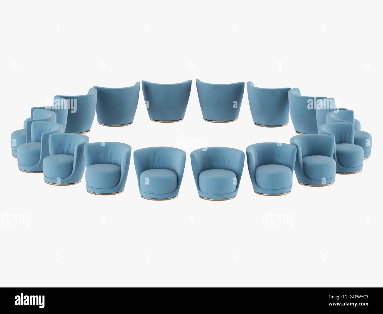 Blue armchair with a round seat stand in a circle on a white background ...
