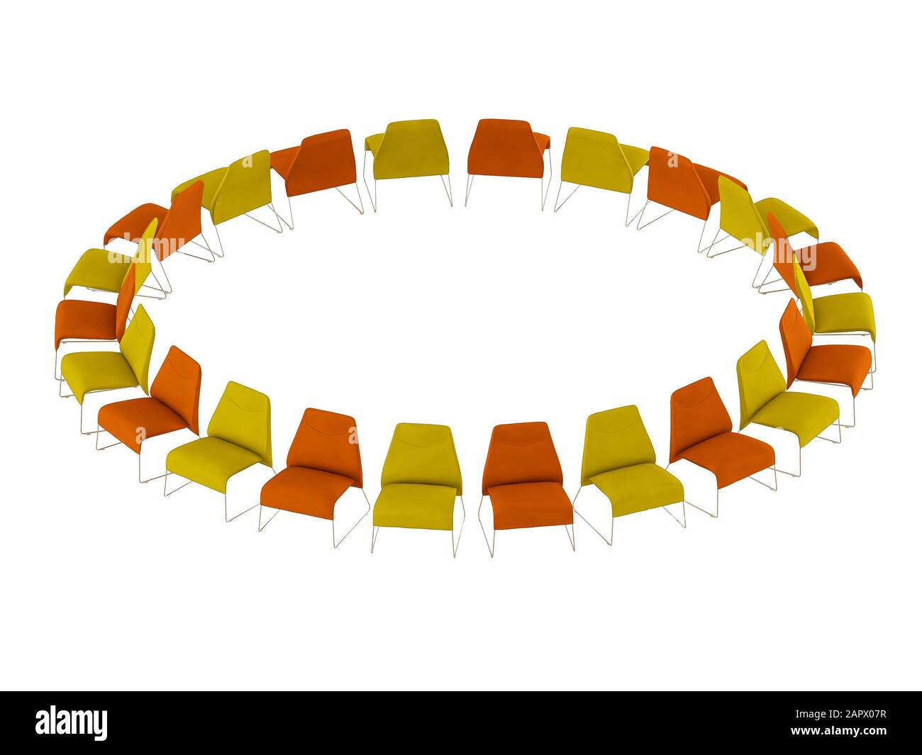 Colored chairs stand in a circle on a white background 3d rendering ...