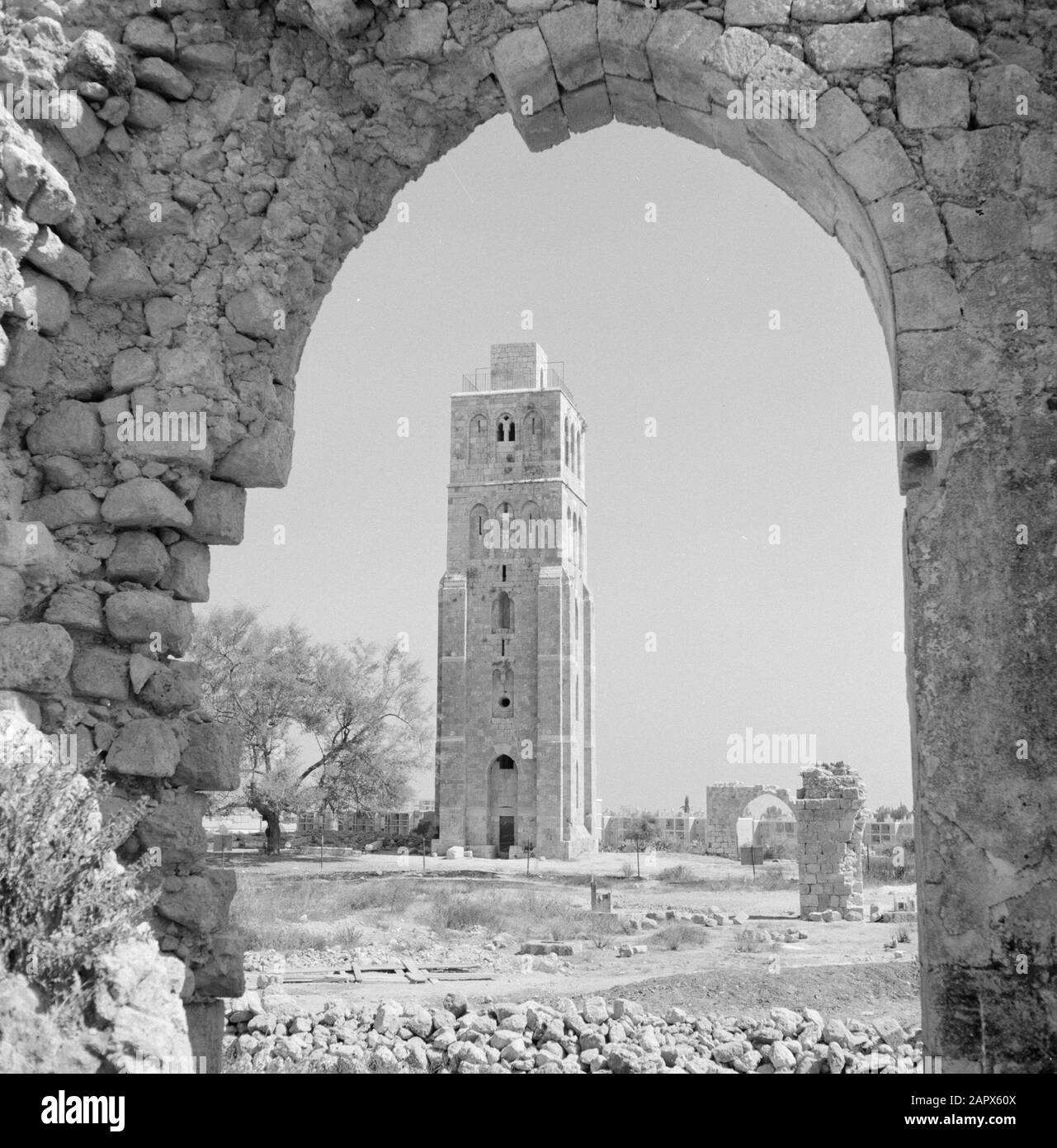 Ramle. Ruins of the White Mosque overlooking the White Tower showing ...