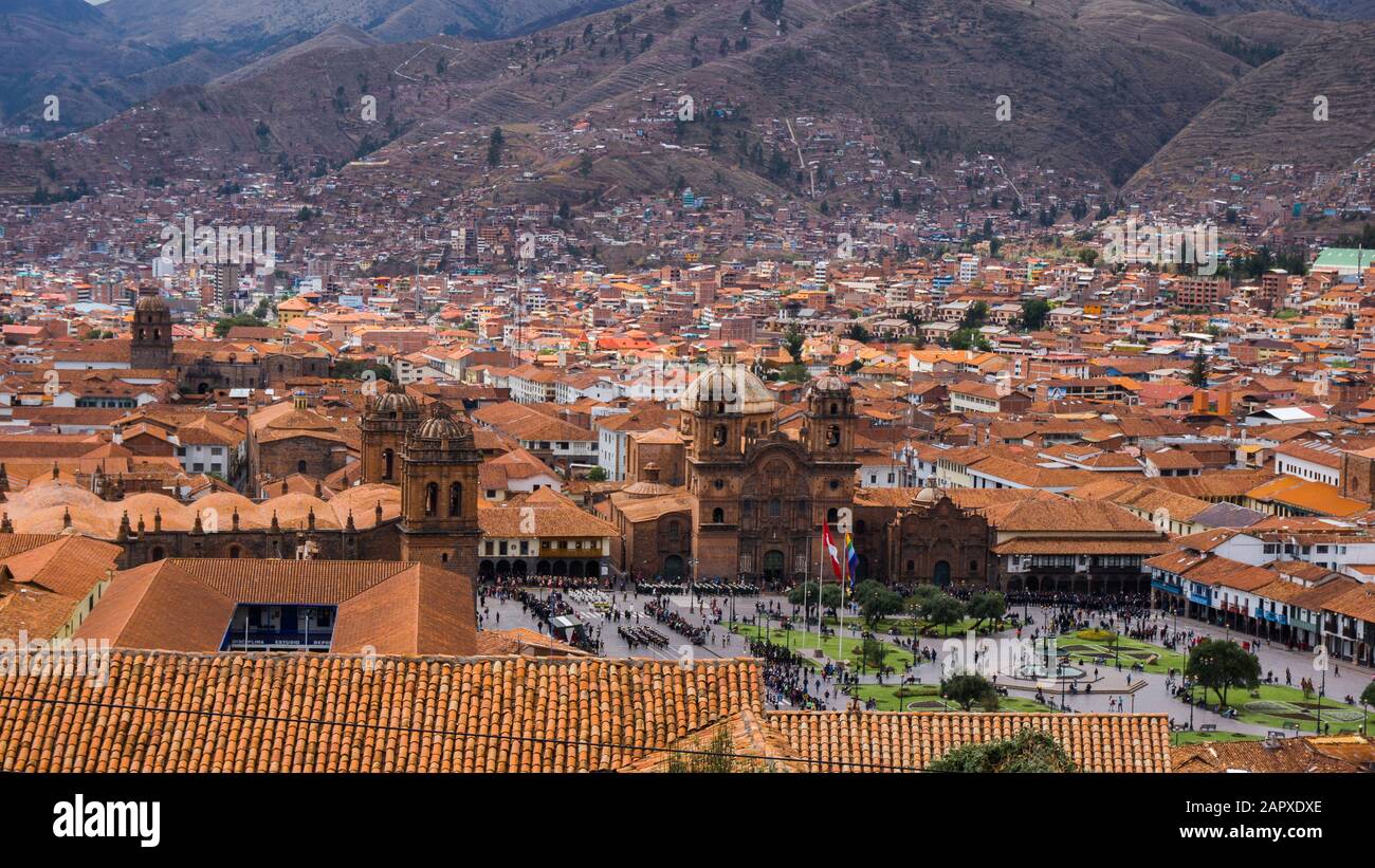 Panoramic view of the central square of Cusco in the center of Cusco ...