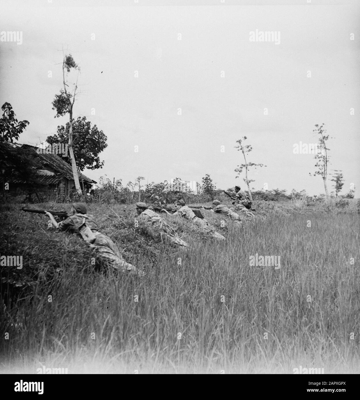 Soldiers in position behind dike of rice field Date: 1947/01/01 ...