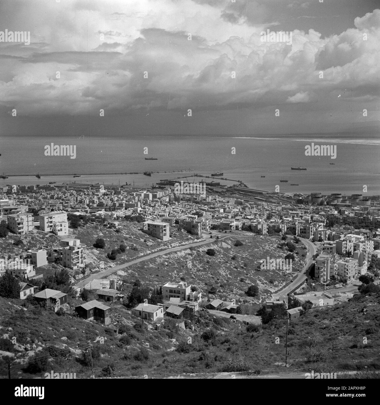 Israel 1948-1949: Haifa City, port and oil storage tanks located at the ...