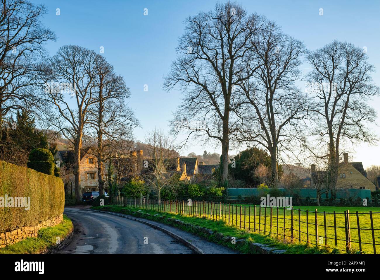 Winter sunset light in the cotswold village of Stanton, Cotswolds ...