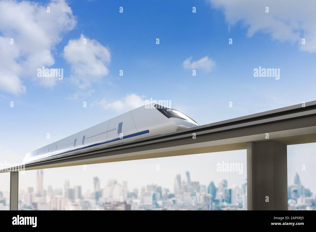 3d rendering high speed sky train with cityscape background Stock Photo ...