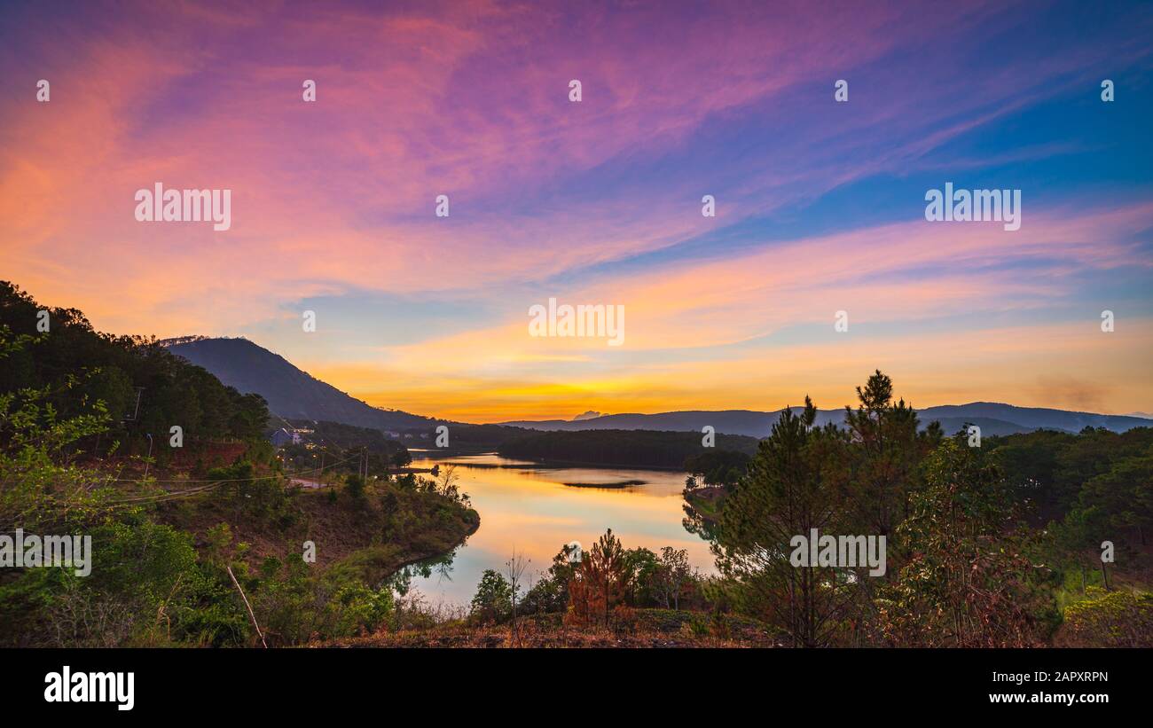 Unique sunset sky in Vietnam Da Lat plateau beautiful Tuyen Lam Lake ...