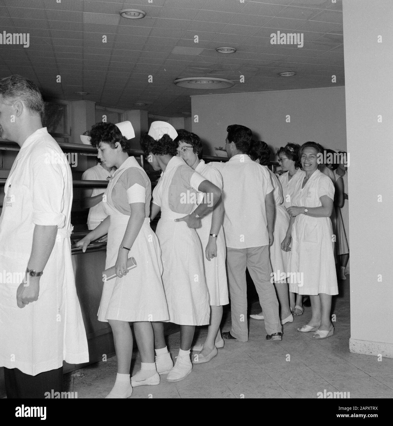 Nursing staff in line in the canteen of the Beilinson Hospital at Petah ...