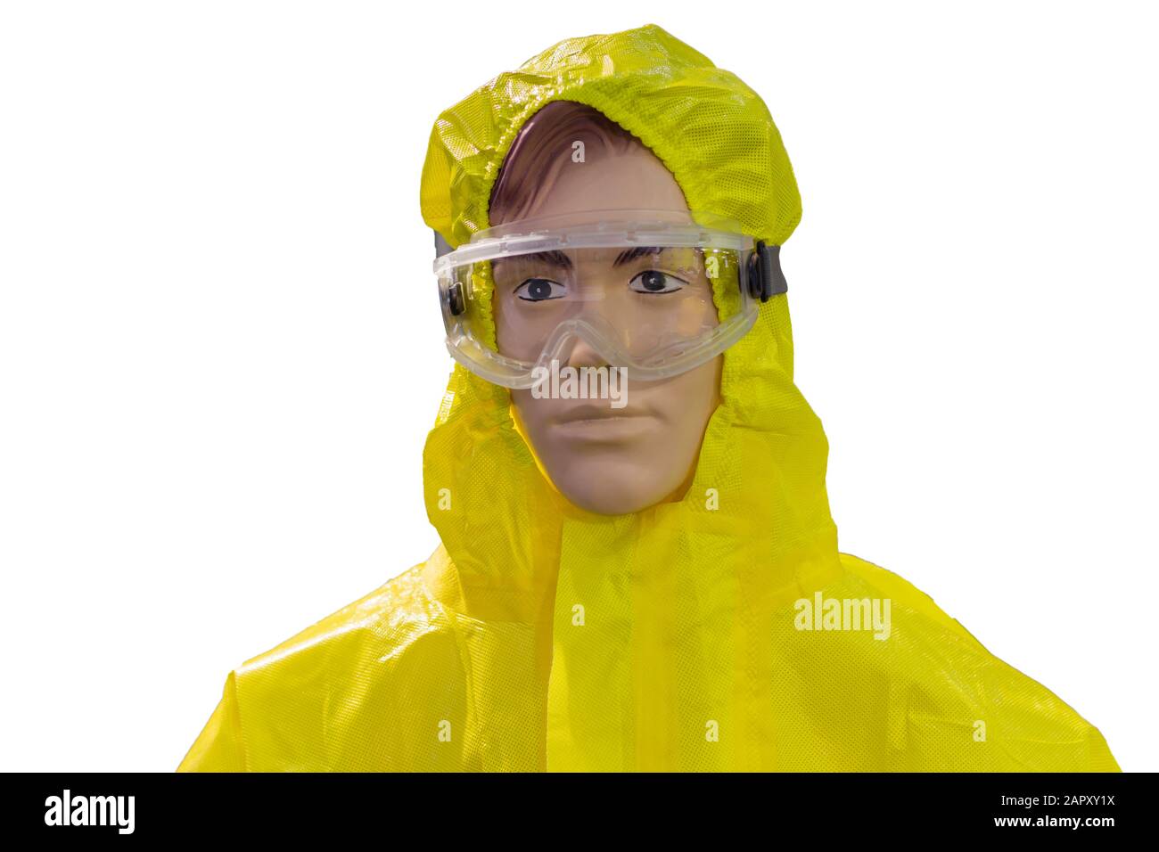 Chemical protection suit ; yellow hazmat ; isolate white background ...