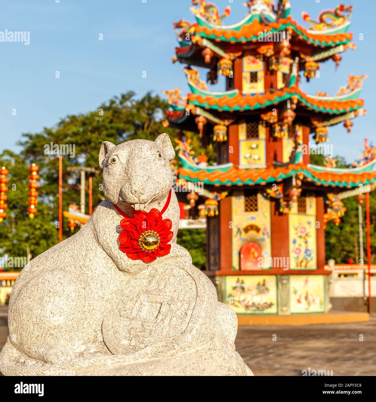 Statue of a mouse with a coin decorated for Lunar New Year (Imlek) at ...