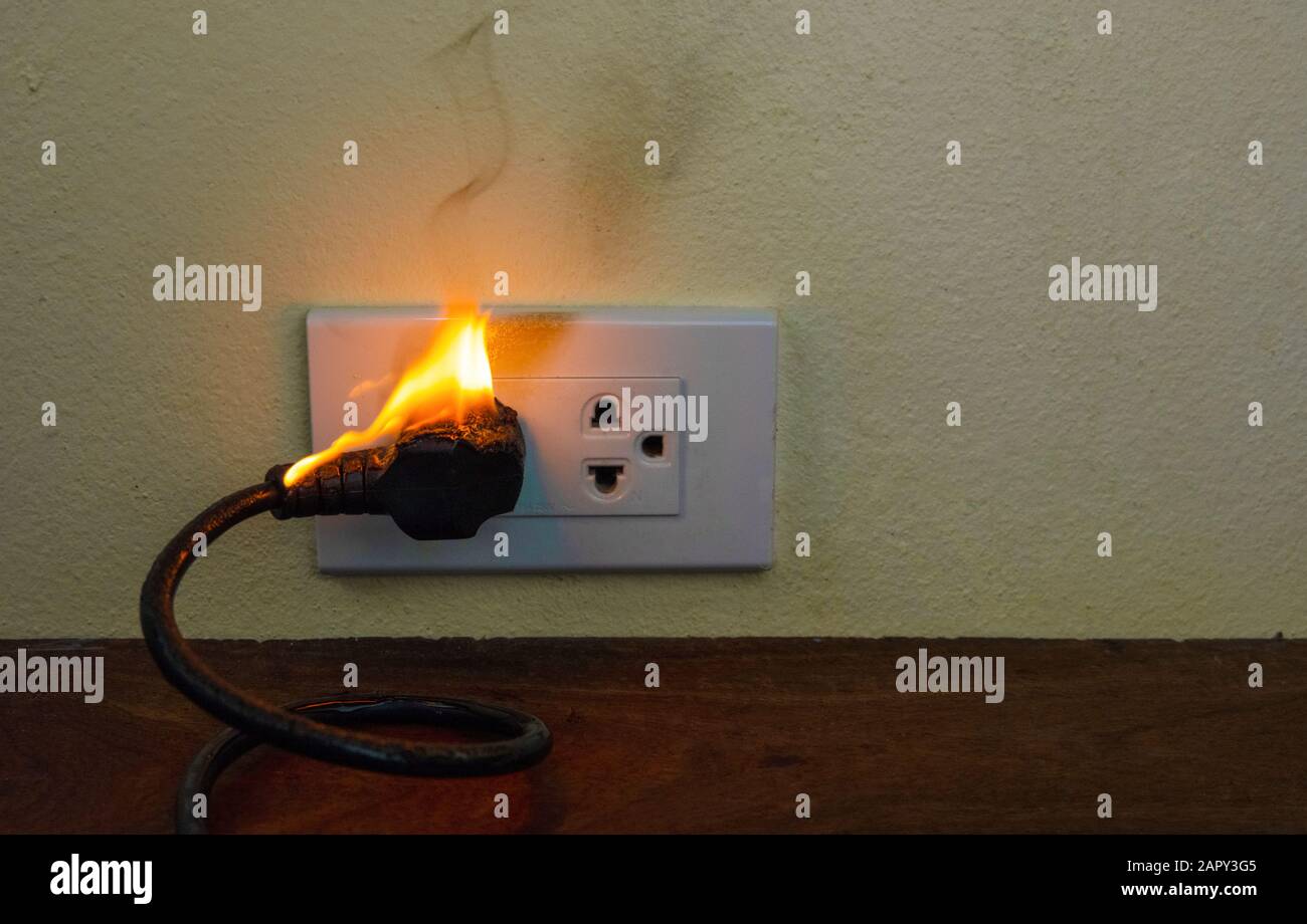 On fire electric wire plug Receptacle wall partition, Electric short ...