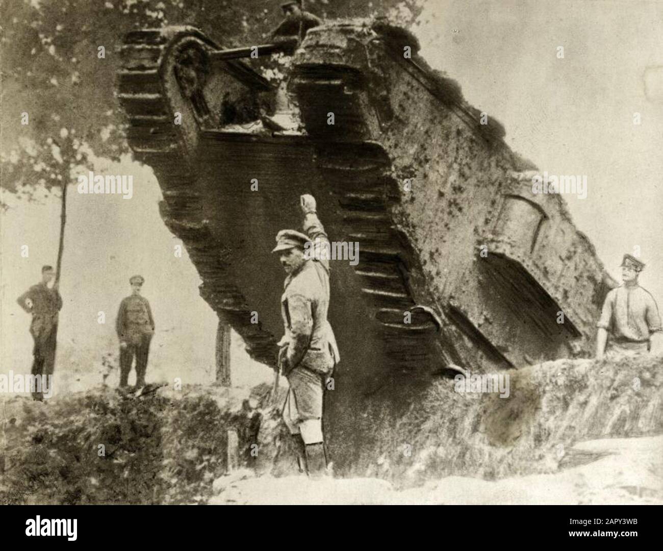 World War I, England, 1917, an English tank is ready to run over a ...