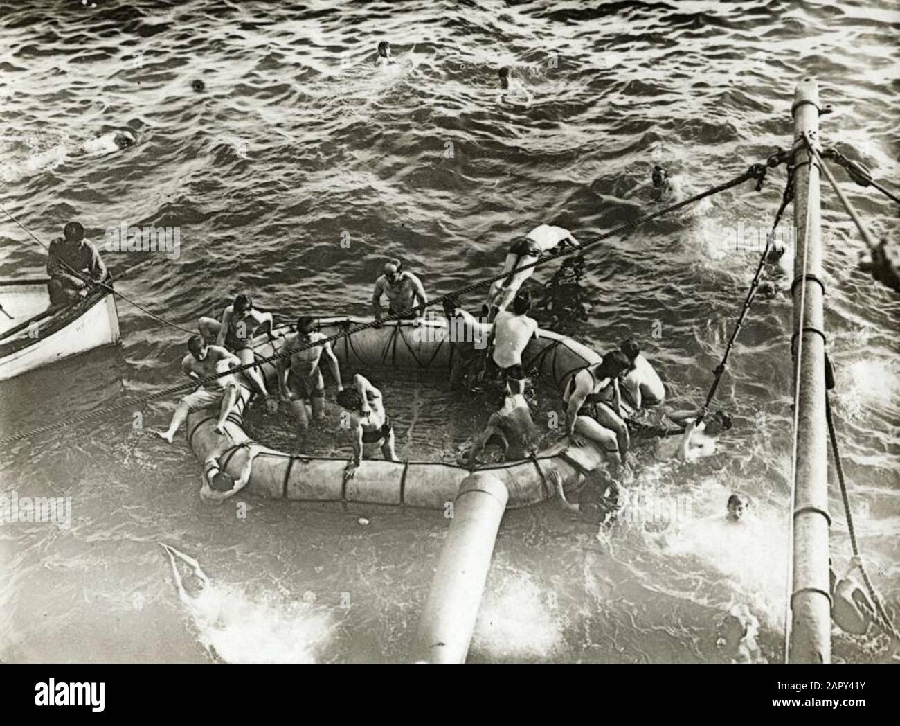 World War I. English sailors try out a new type of life raft in the ...