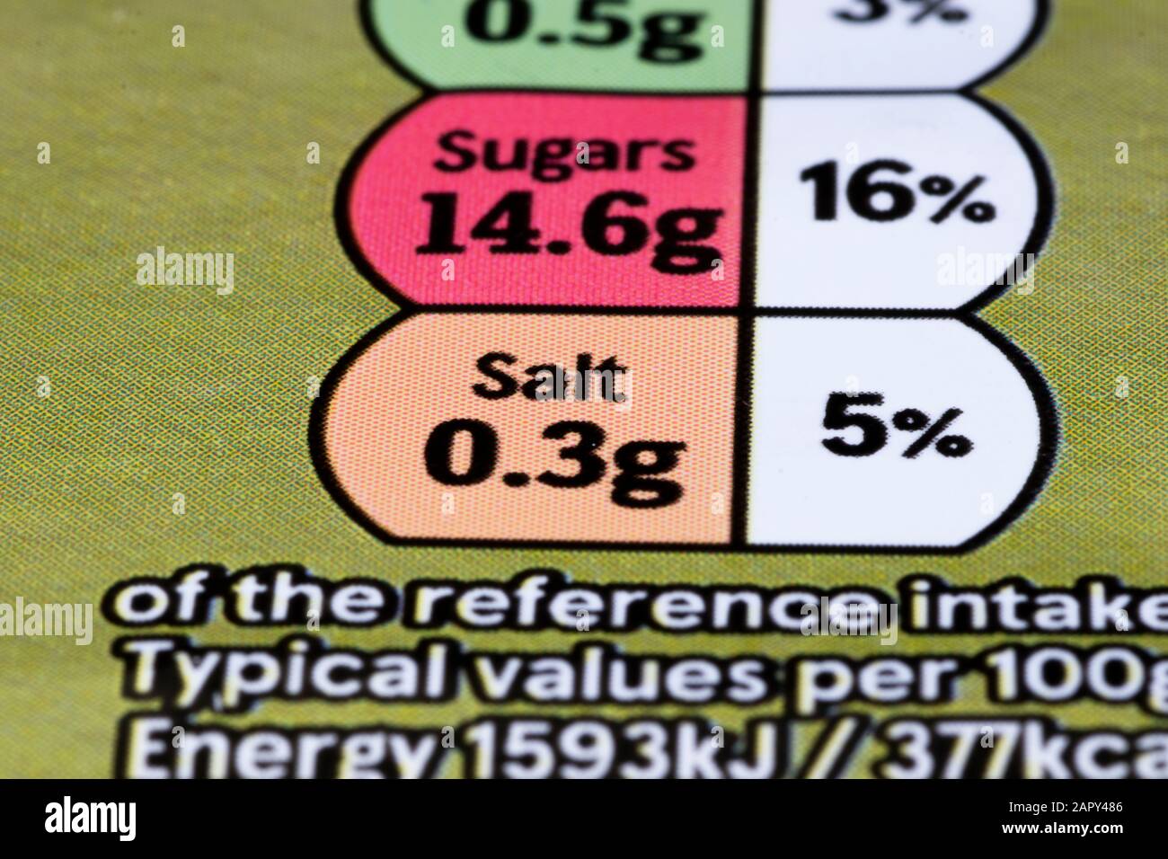 Sugar content information displayed on food packaging label with ...