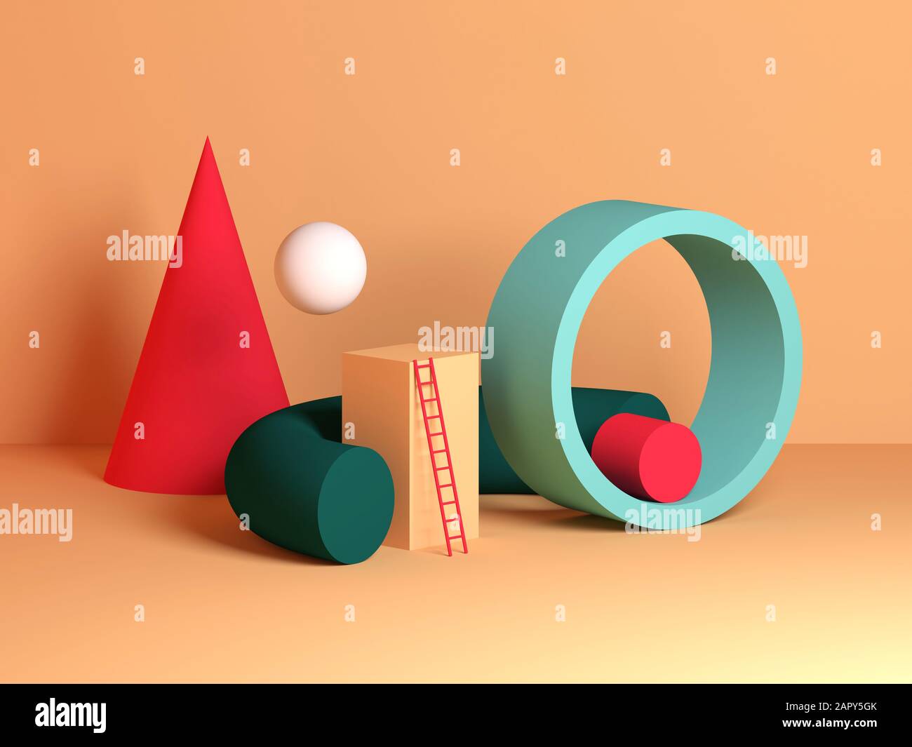 Abstract colorful still life installation, primitive geometric shapes. 3d rendering illustration ...