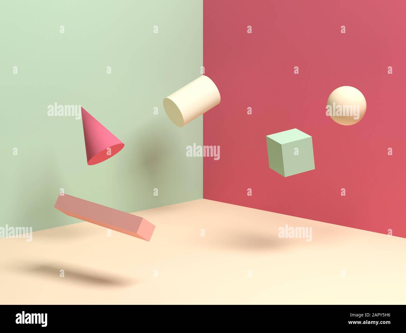 Abstract colorful still life installation with levitating primitive geometric shapes. Zero ...