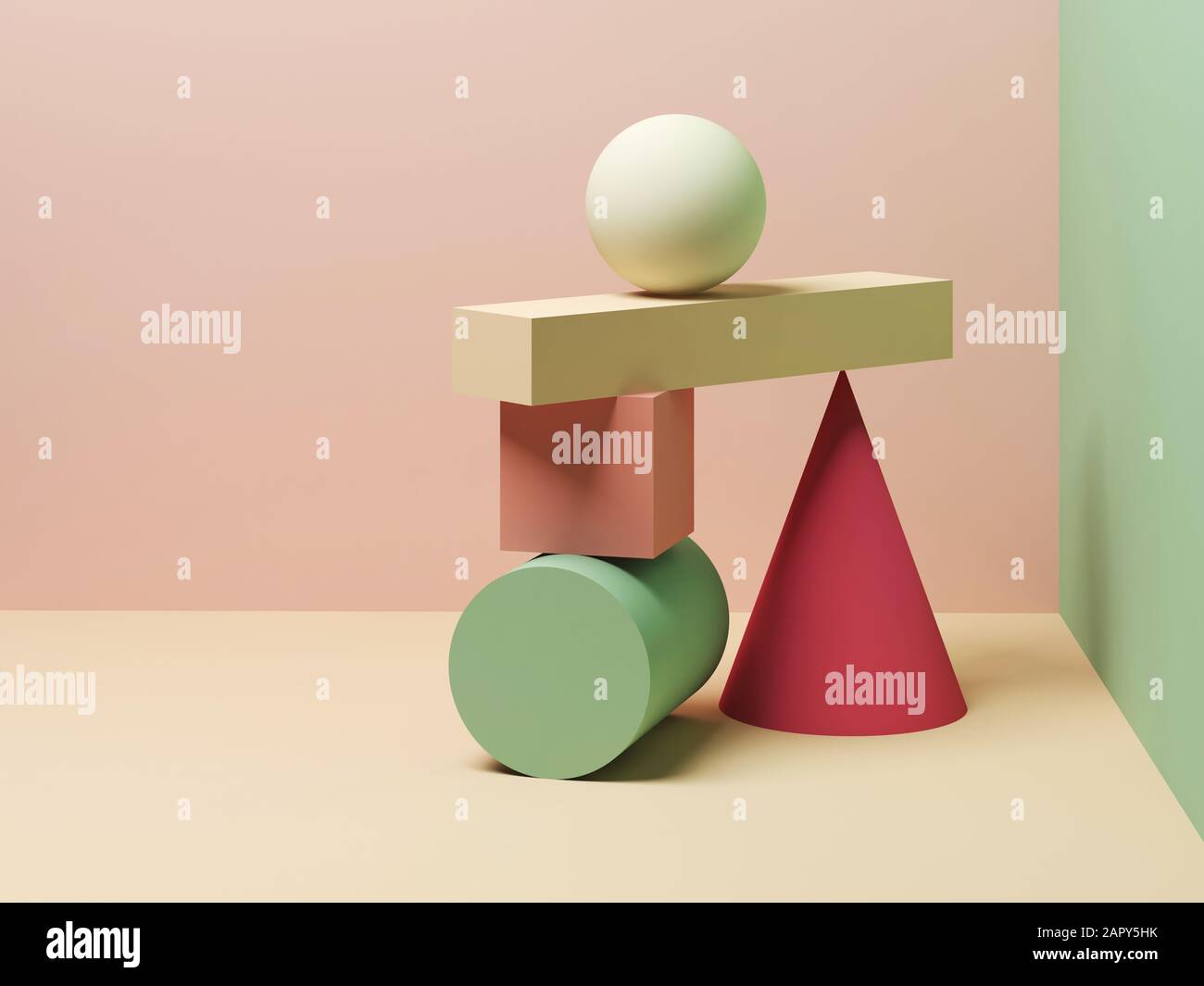 Abstract equilibrium still life installation of colorful primitive geometric shapes. 3d ...