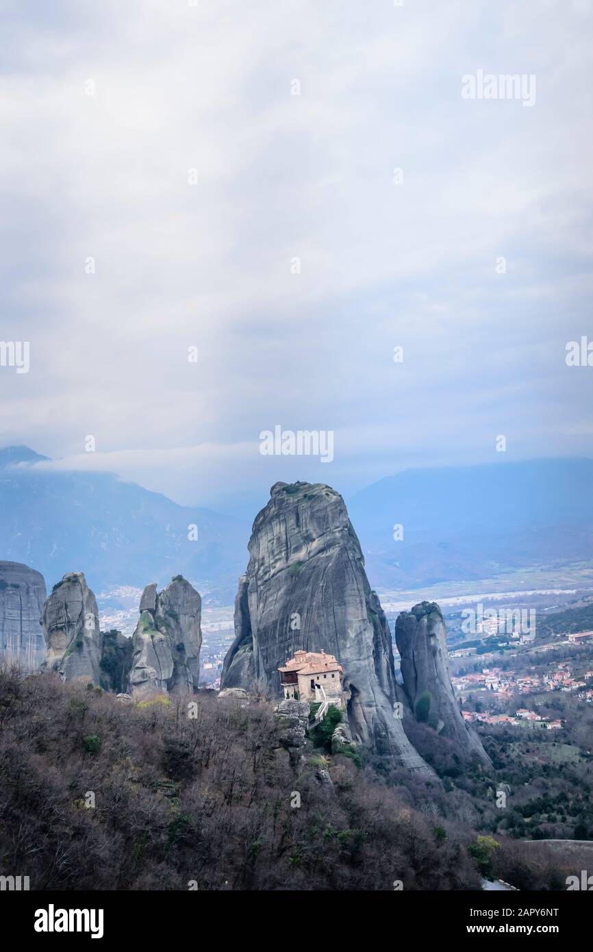 View of the amazing Meteora rocks and the monasteries on top of them.A ...