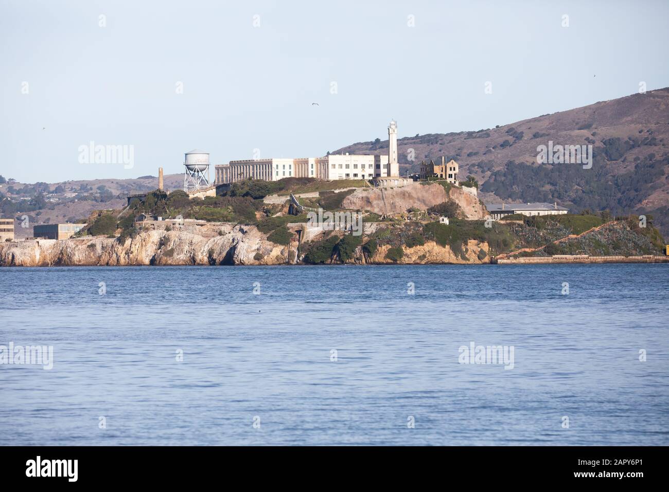 A view of Alcatraz, a famous prison, taken from a boat in San Francisco ...