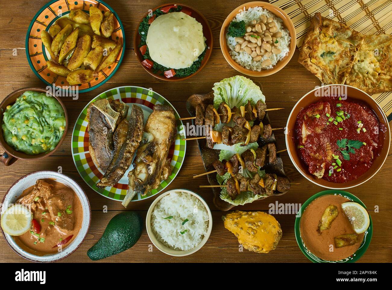 Tanzanian cuisine, Traditional assorted African dishes, Top view Stock ...