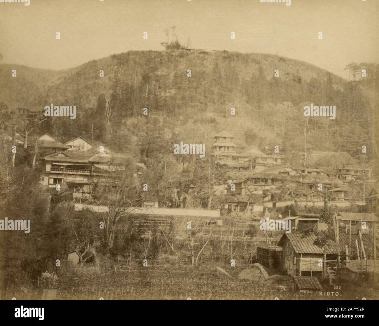 Panorama of Kyoto, Japan, with hill-built houses and pagoda. Undated ...