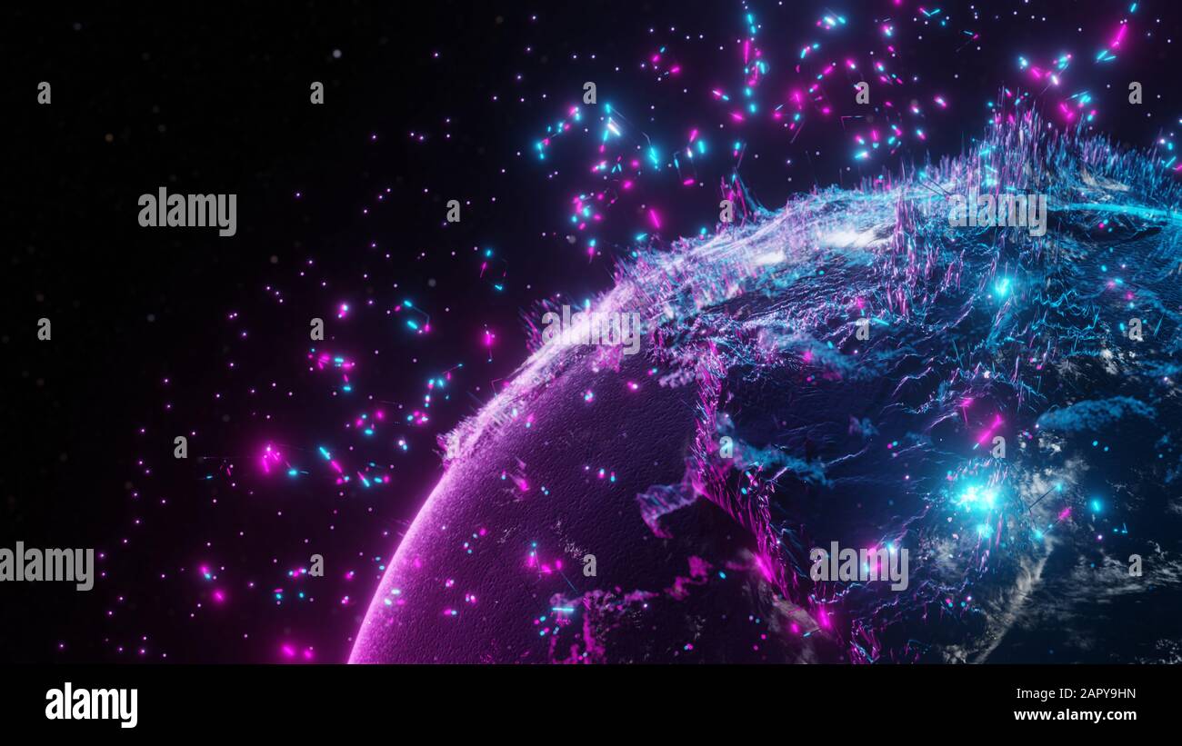 Abstract futuristic planet Earth surrounded by virtual elements. Dots ...