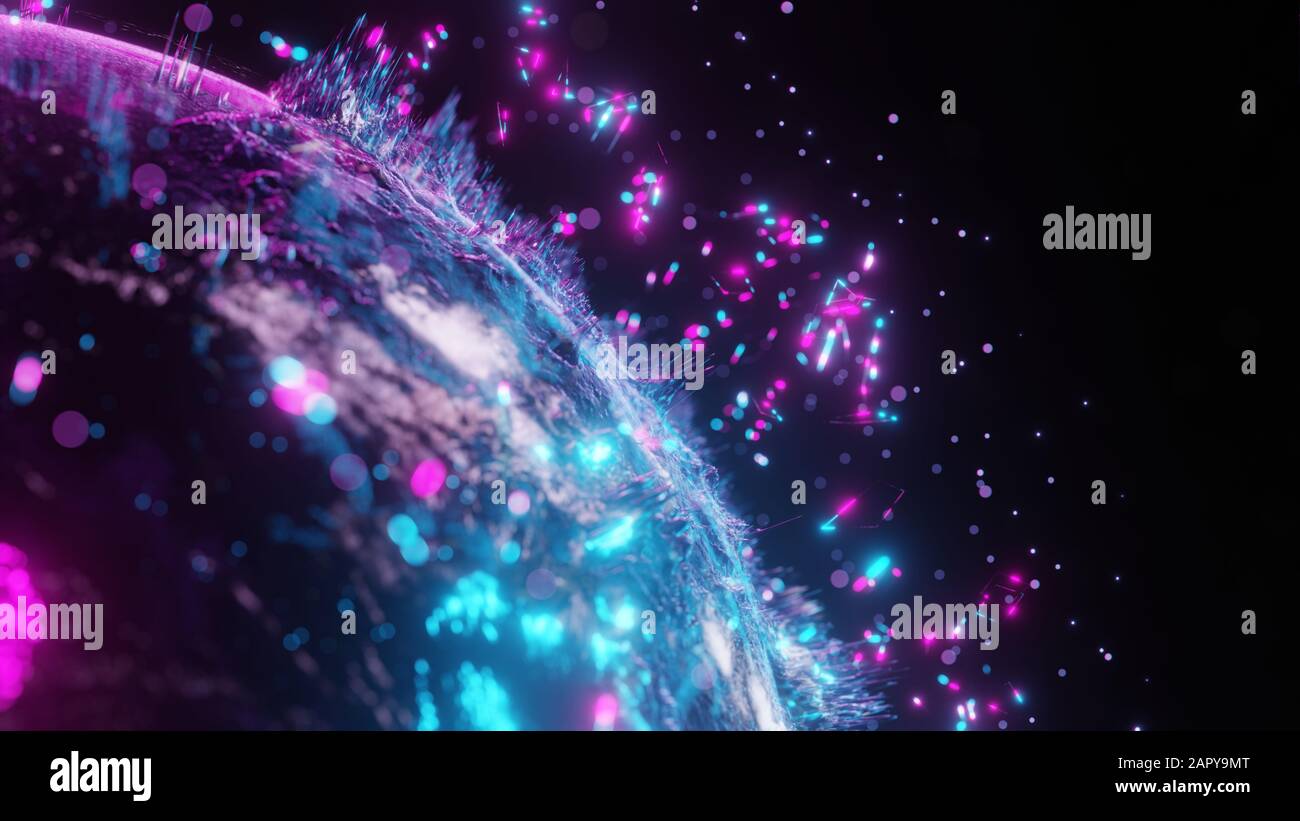 Abstract futuristic planet Earth surrounded by virtual elements. Dots ...