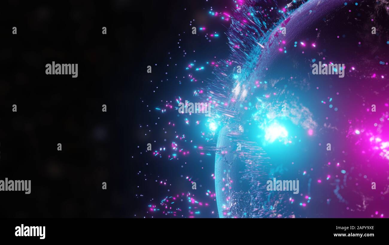 Abstract futuristic planet Earth surrounded by virtual elements. Dots ...