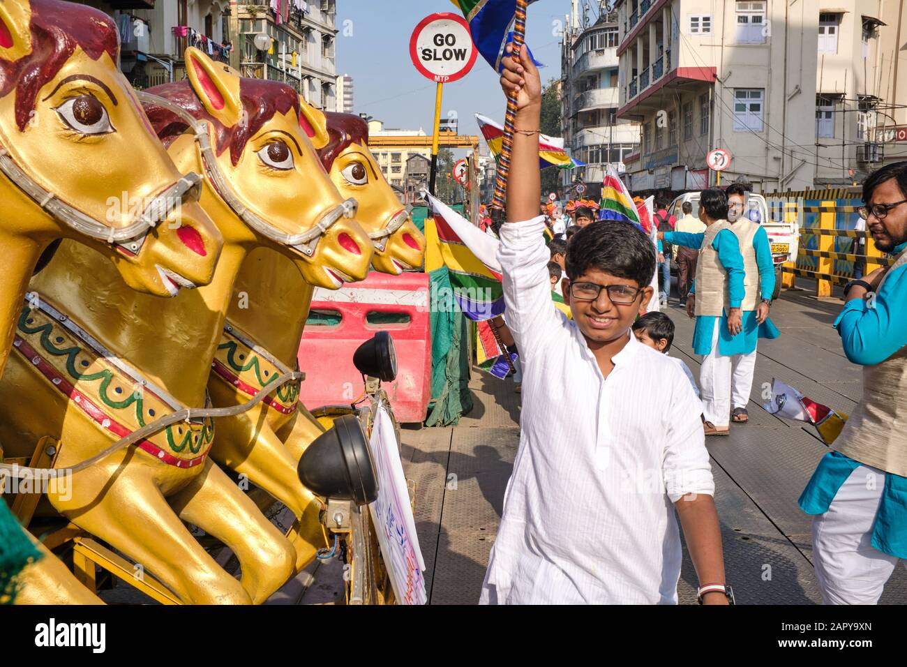 A Jain religious procession following a childrens' initiation ceremony ...