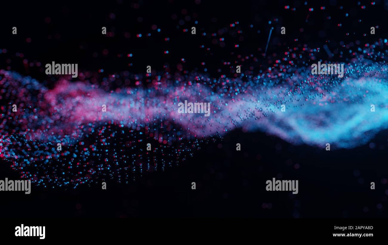 Plexus of abstract red and blue dots on a black background. Loop animations. 3D illustration ...