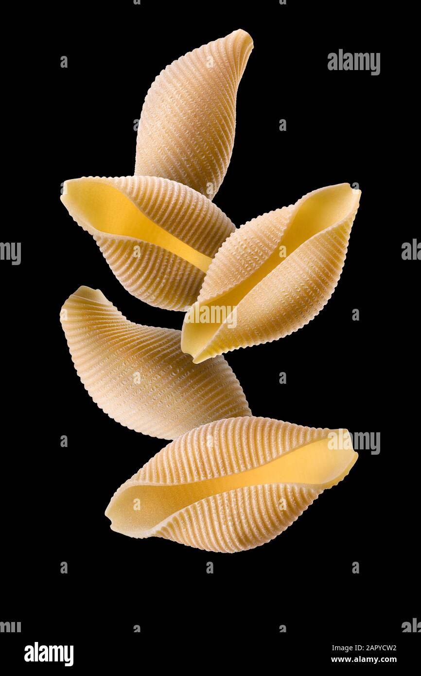 Conchiglie pasta shell composition isolated on black background Stock ...