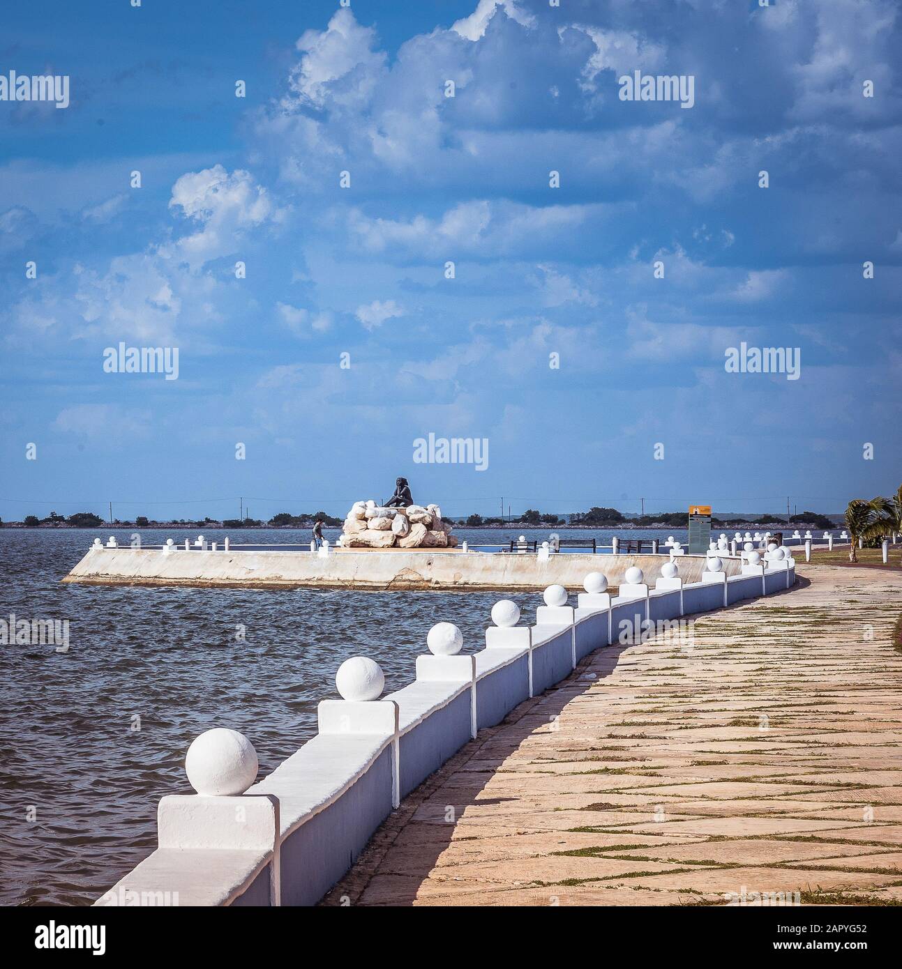 Vertical shot of a walkway around the ocean under a blue sky full of ...