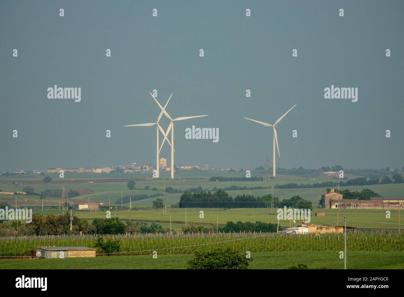 Wide angle shot of three white wind fans on a green field during ...