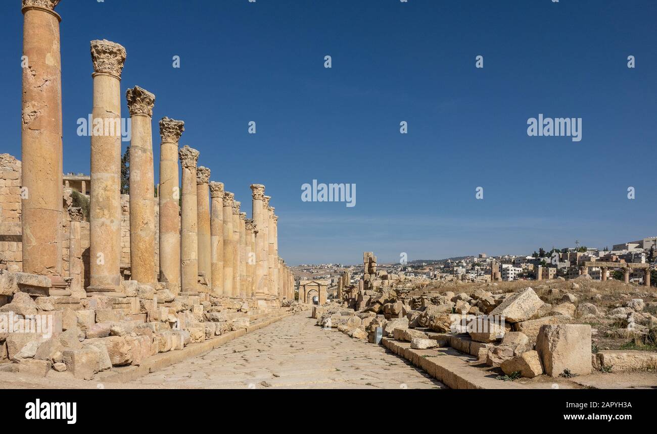 Wide angle shot of an ancient construction with towers in Jordan under ...