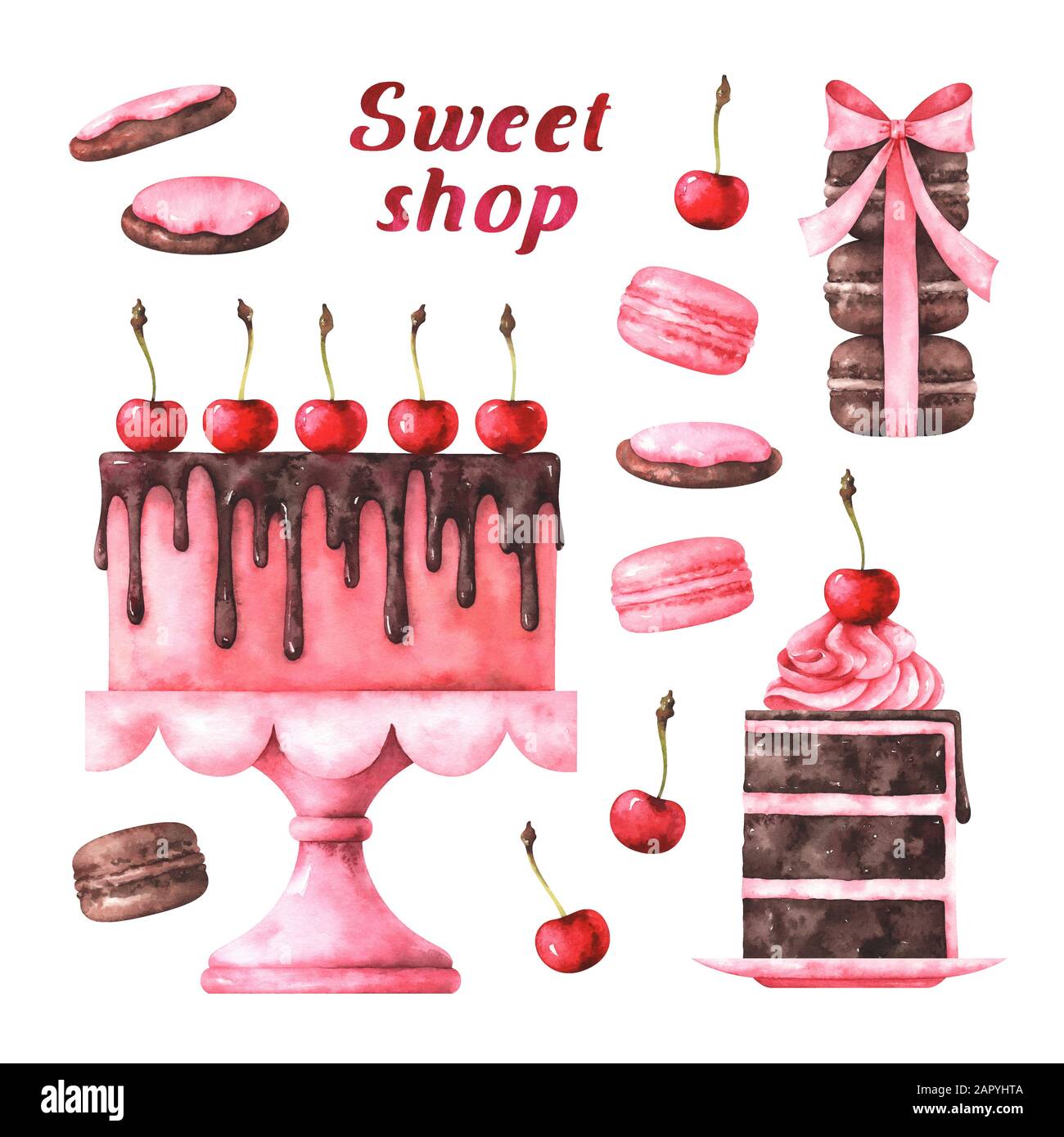 Set of watercolor cherry sweets Stock Photo - Alamy