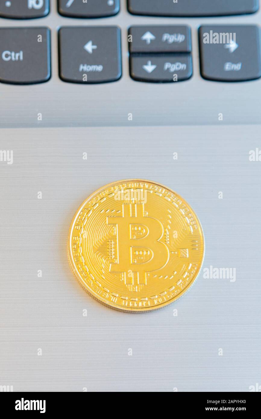 Bitcoin on a laptop. Bitcoin coin symbol on laptop, future concept ...