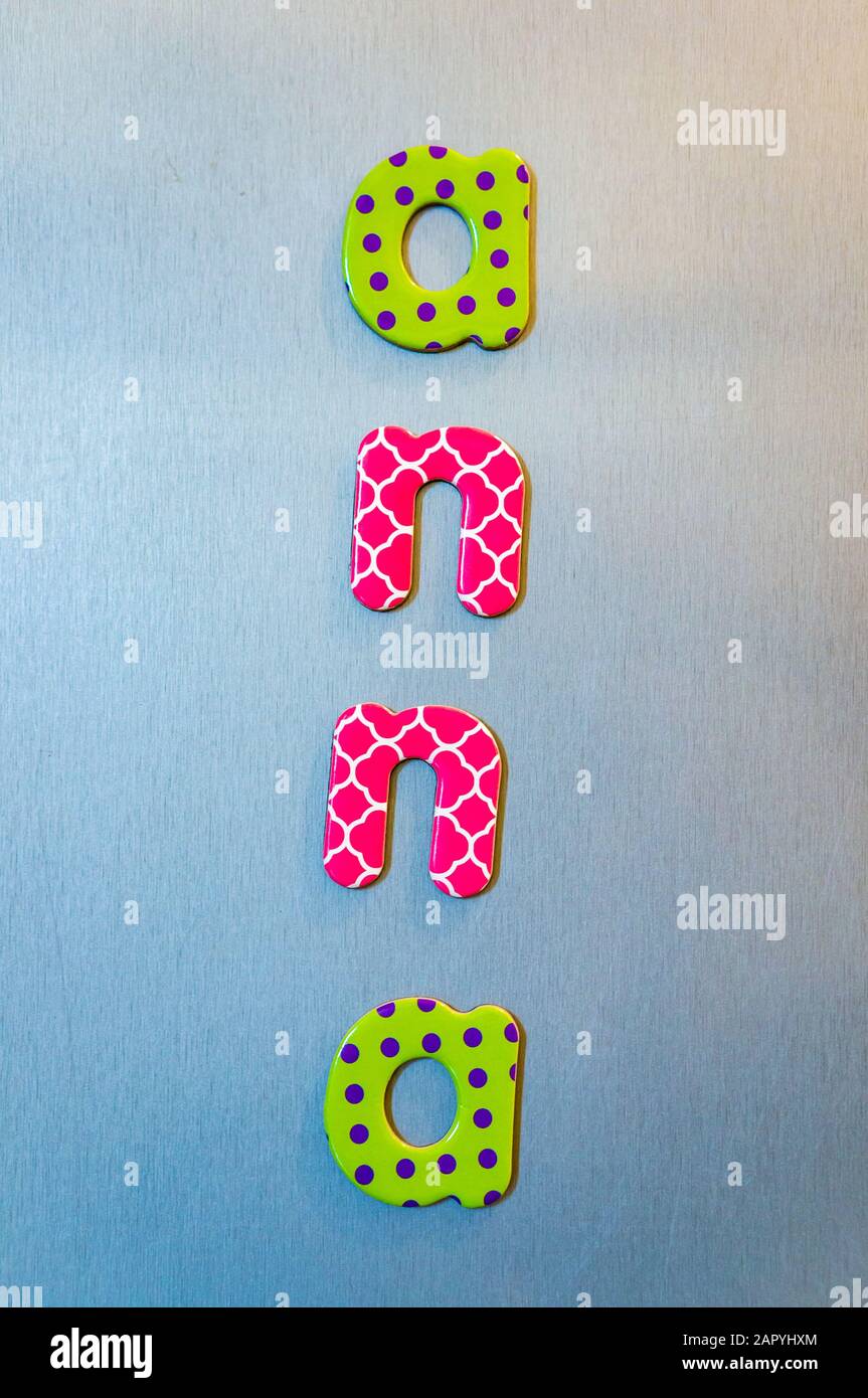Vertical shot of colorful words spelling anna in a line Stock Photo - Alamy