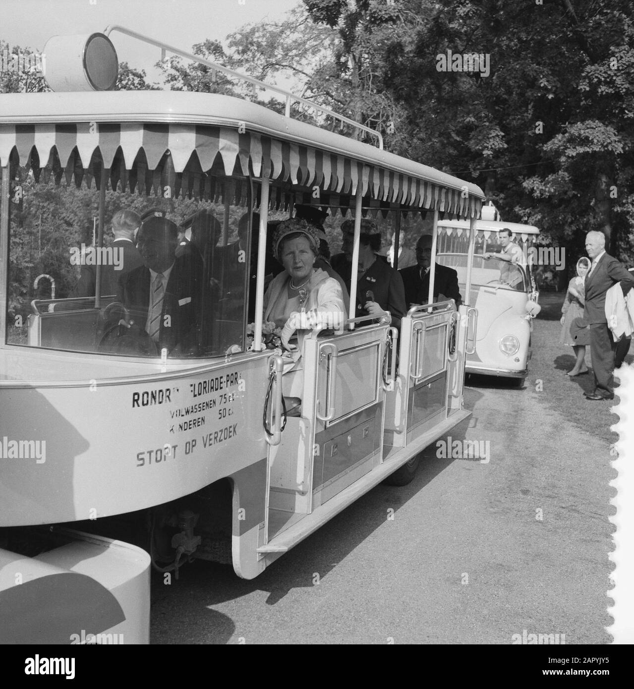 Floriade 1960 Queen Juliana is driven in a small train over the terrain ...