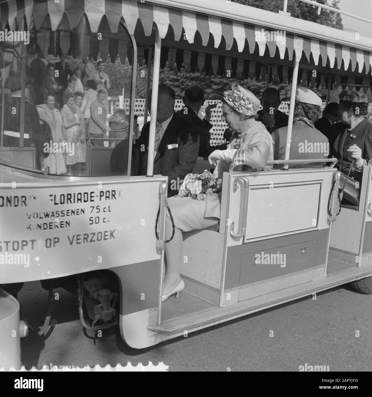 Floriade 1960 Queen Juliana is driven in a small train over the terrain ...