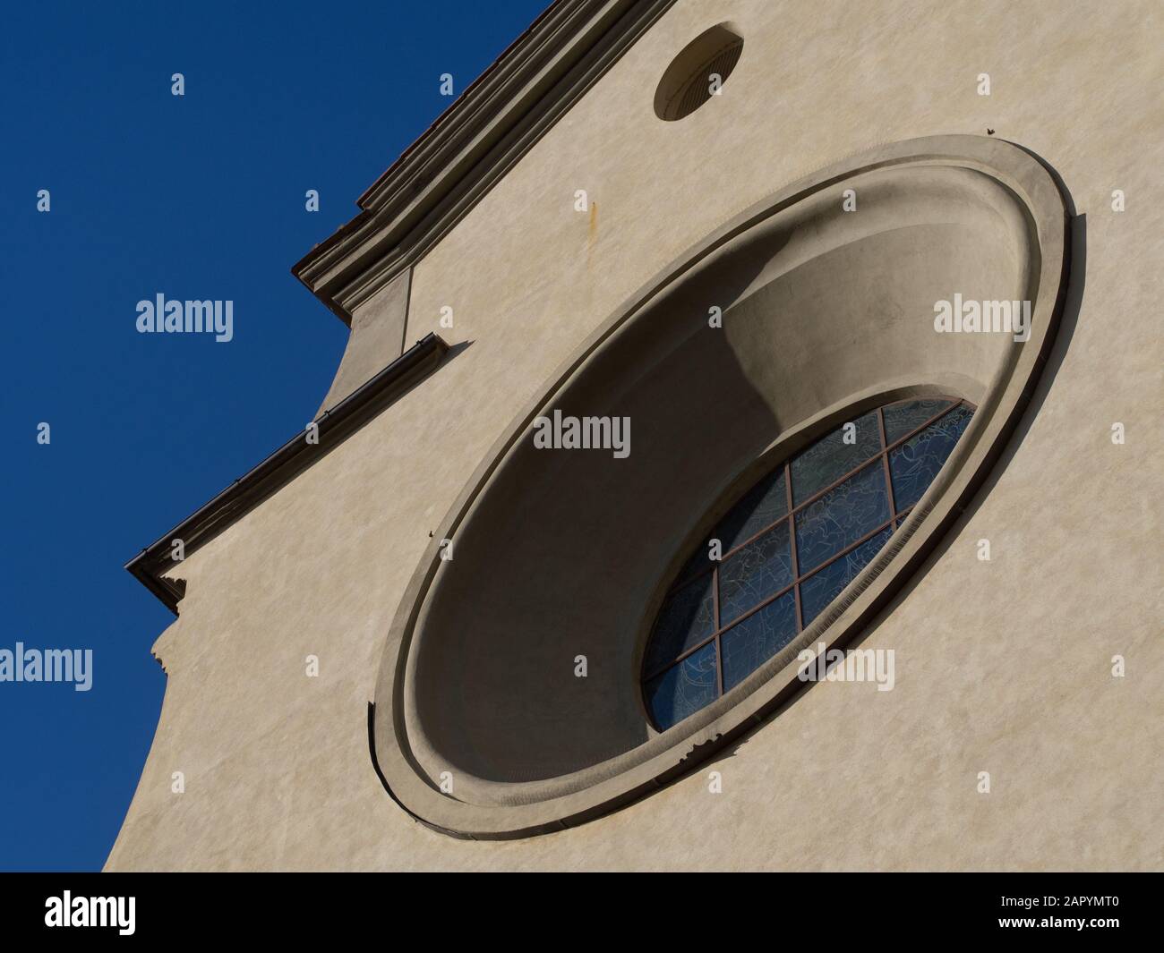 A detail of the façade and rose window of the Church of Santo Spirito ...