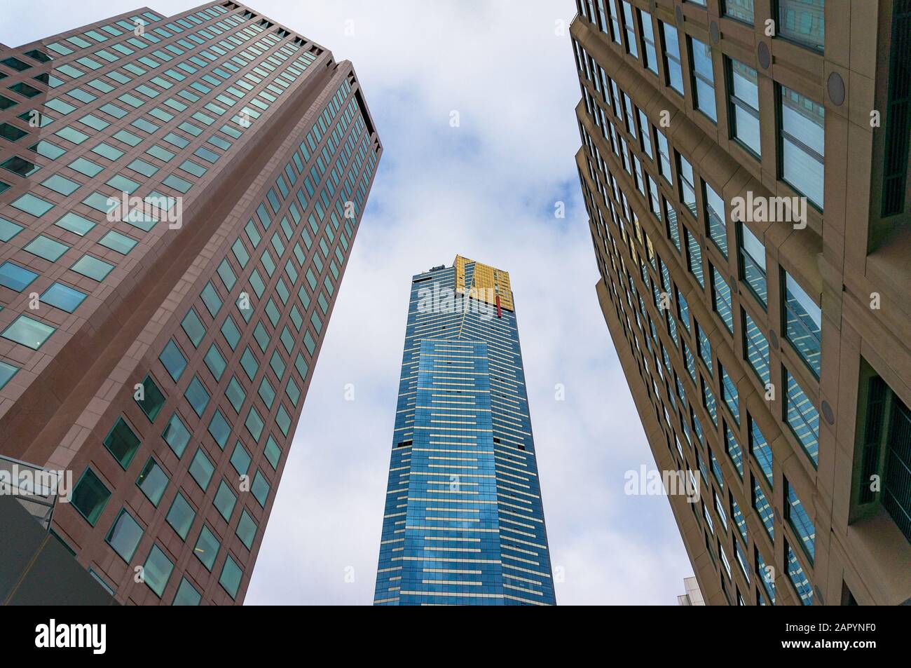 Looking up at modern skyscrapers. Architecture background Stock Photo ...
